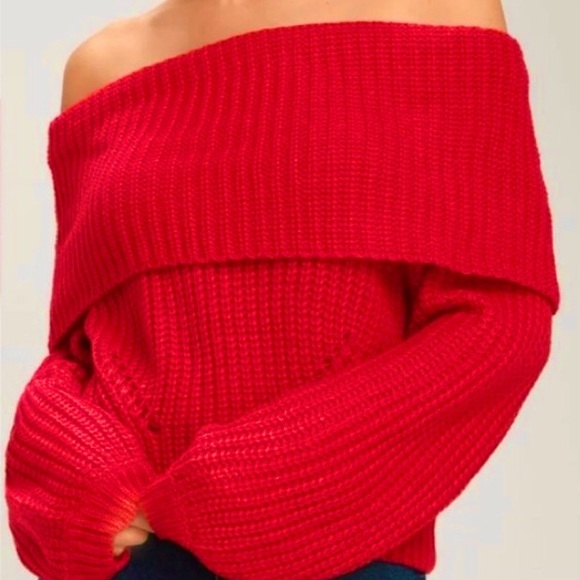 Lulus | Sweaters | Lulus Cowl Neck Cropped Red Off Shoulder Knit ...